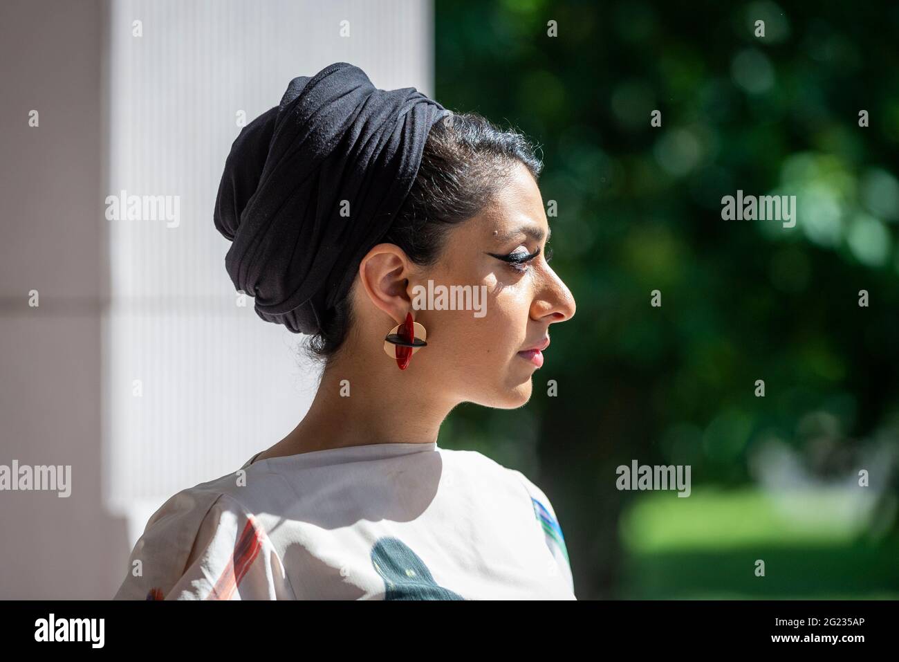 London, UK. 8 June 2021. Architect Sumayya Vally poses at the unveiling ...