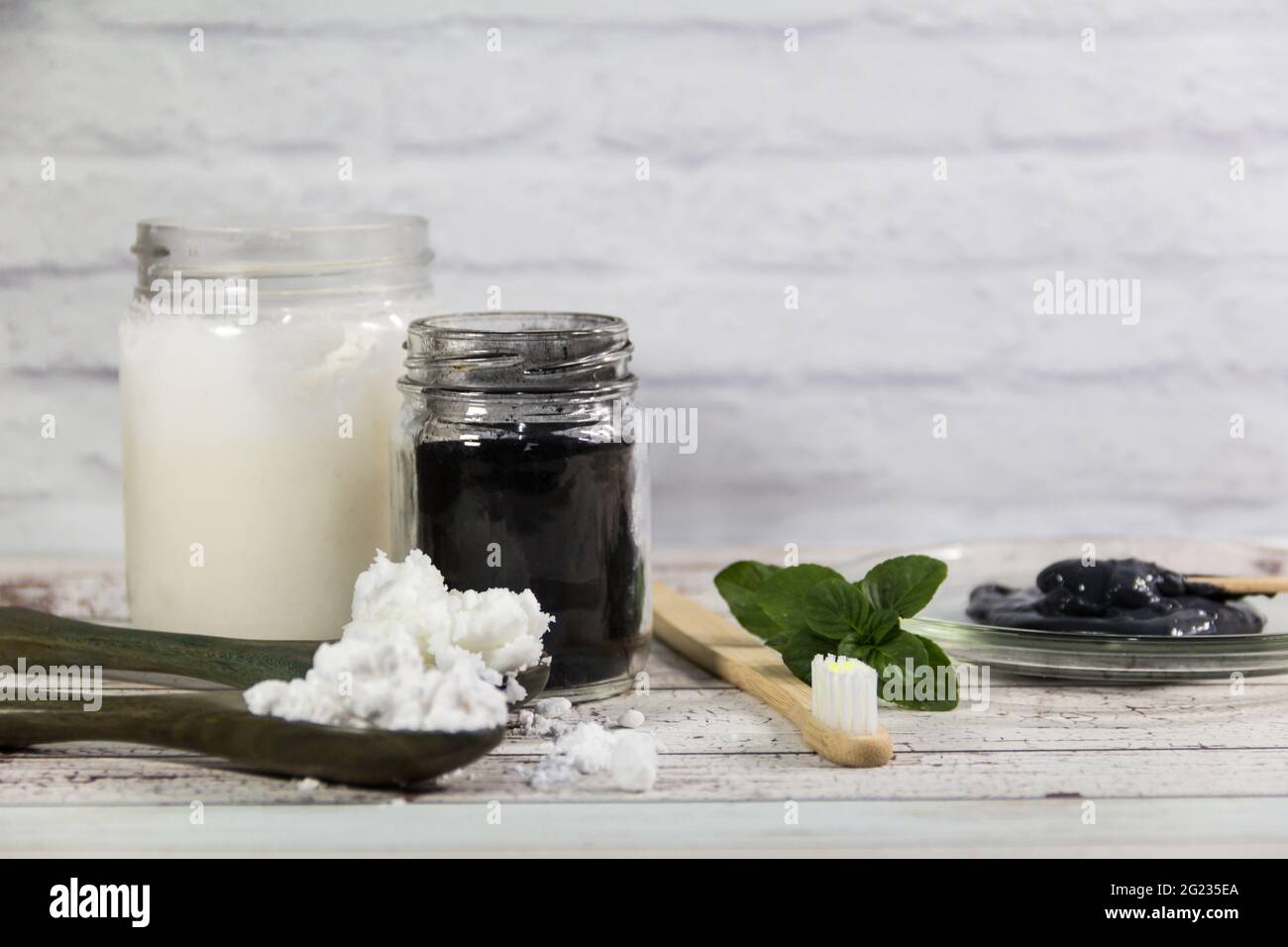 Ingredients for making activated charcoal toothpaste Stock Photo - Alamy