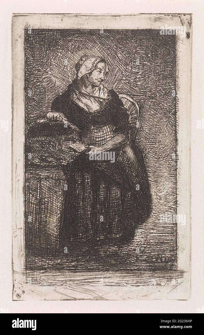 Fisherman woman. A woman shows a basket and holds a fish in the left ...