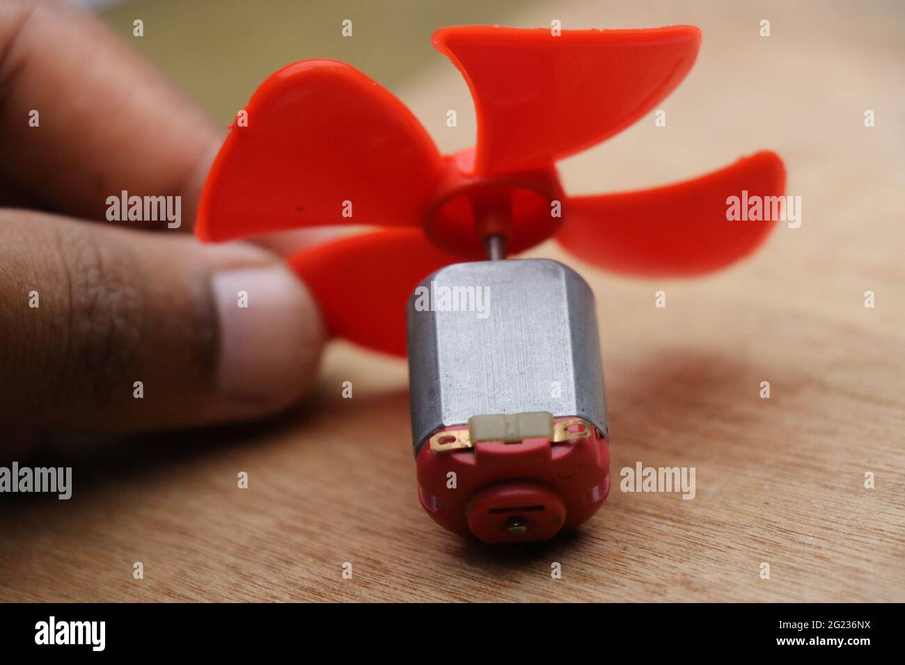 Toy dc motor or small electric motor with 4 blade propeller attached to ...