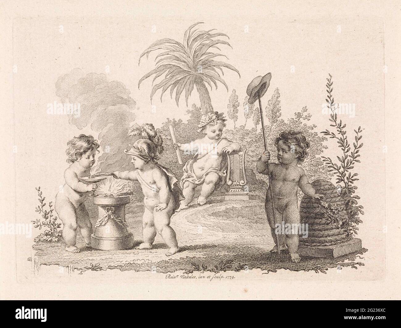 Four putti with allegorical attributes. Landscape with putti with ...