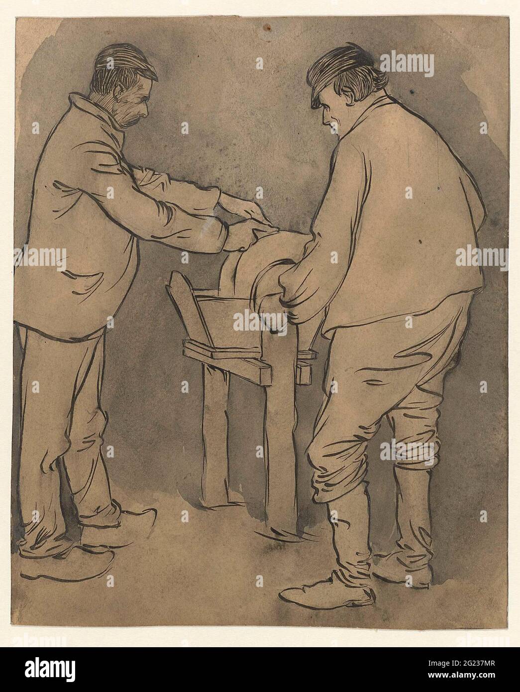 Workers on a grindstone. Science sharpeners. Two standing figures with ...