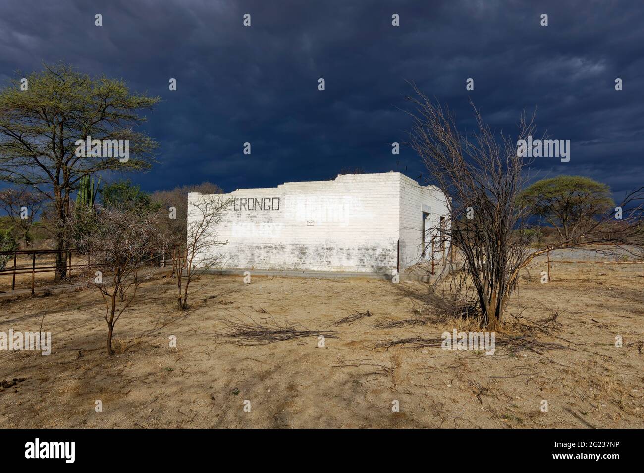 Rain clouds above a ruined building near Omaruru, farmland in rainy ...