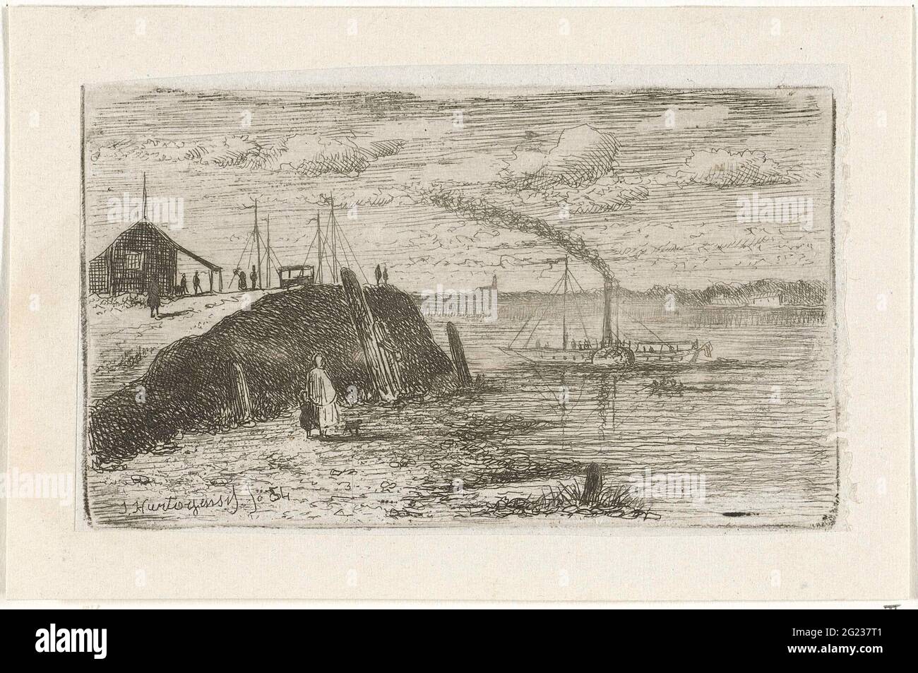 River face with a steamboat; Omstreek van Zaltbommel, with steamboat ...