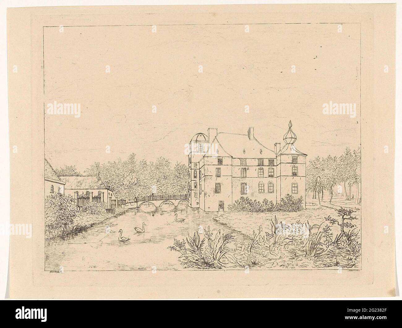 Side view of the Cannenburch Castle with houses at the entrance bridge ...