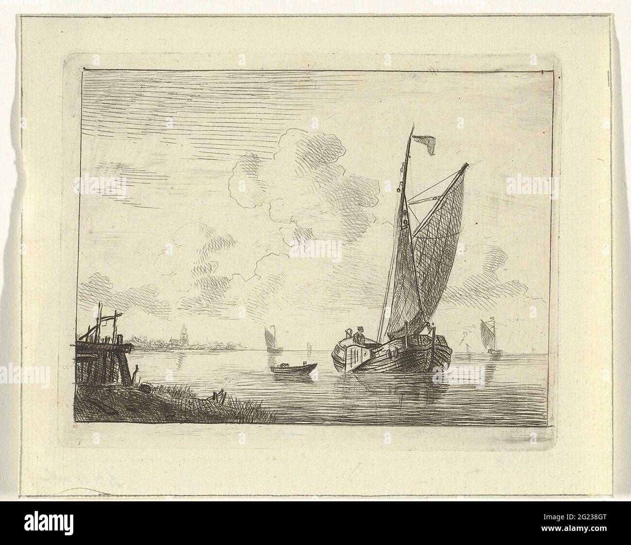 Sailing ship on inner water. Sailing ship on inland water with a rowing ...