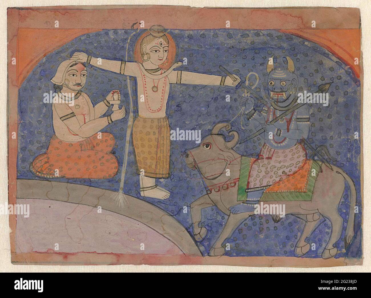 Shiva kills Yama with his trident. Shiva is on a hill; He keeps both ...