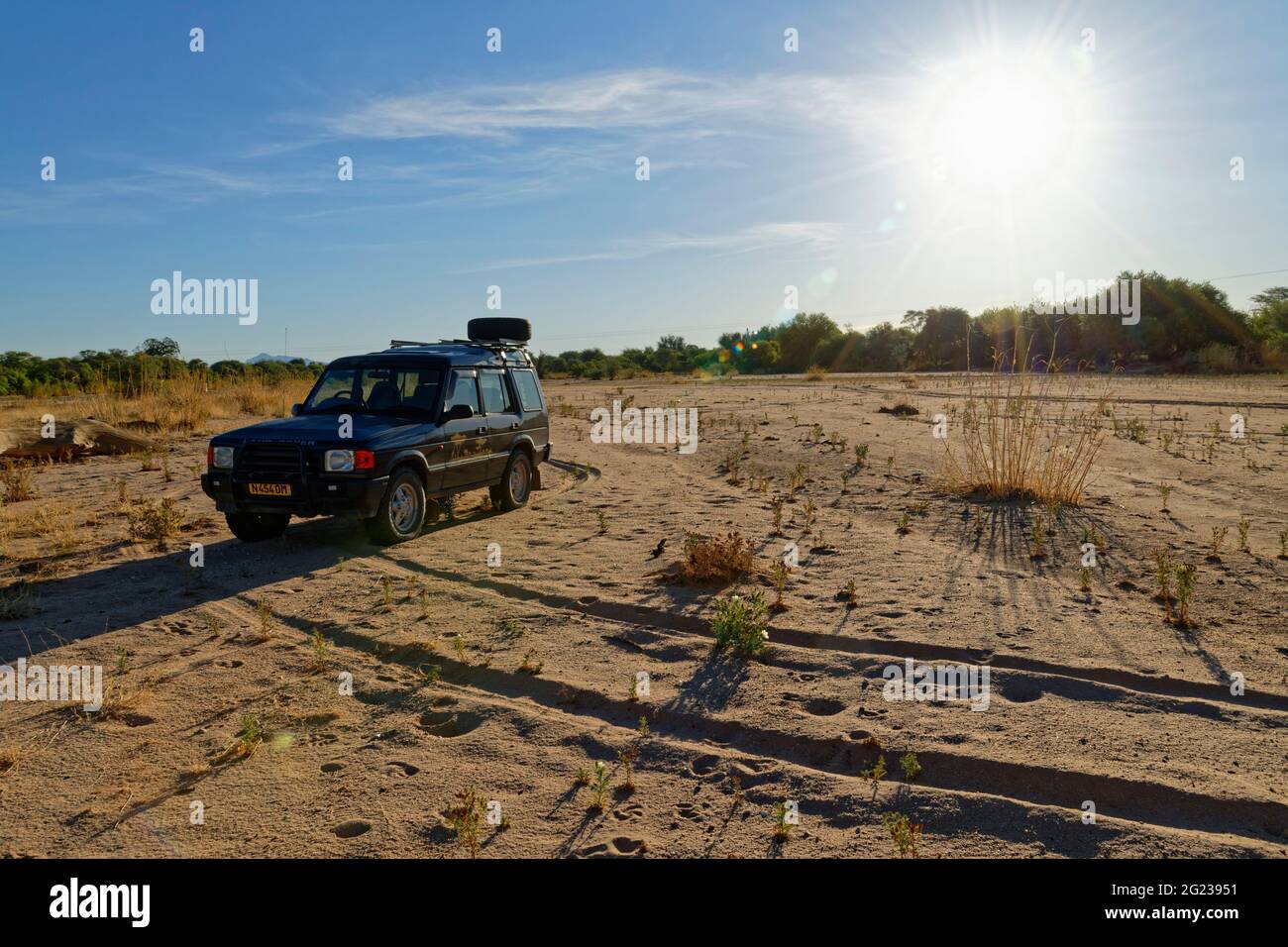 All wheel car in dry Omaruru river (dry river) near Omaruru, Erongo ...