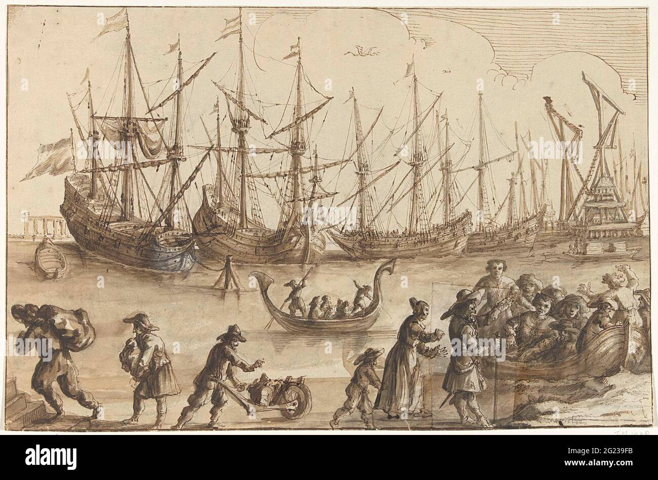 Ships in a port. Dutch merchant ships in a port. In the foreground a ...