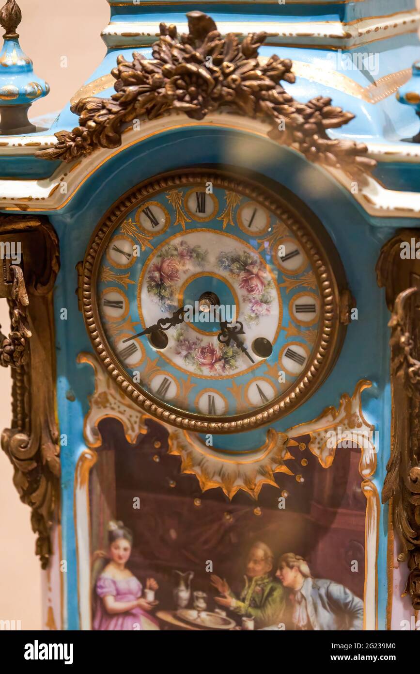 A close-up of a western clock dial in Lingnan style, Guangdong, China ...