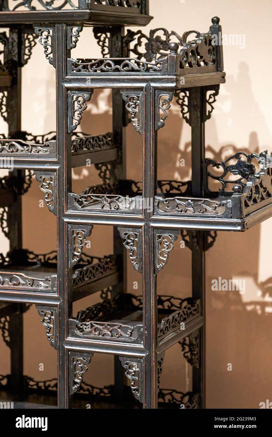 Close-up of carved mahogany furniture and details in Lingnan style ...