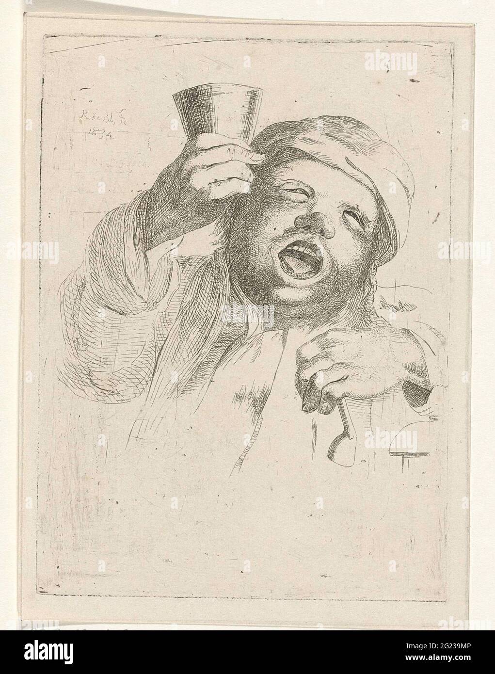 Drinker. Bust of a man who takes a glass with the right hand, while ...