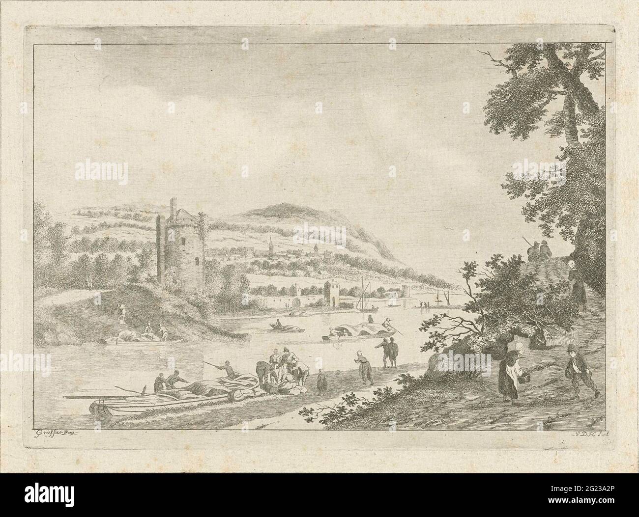 Activity in a river landscape. River face with many figures, right a ...