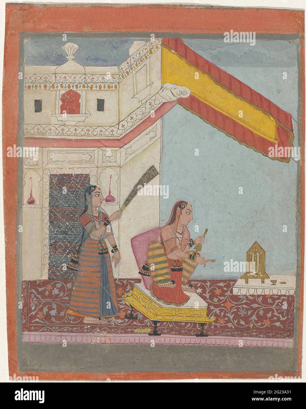 Todi Ragini. A woman is sitting on a terrace for her palace and offers ...