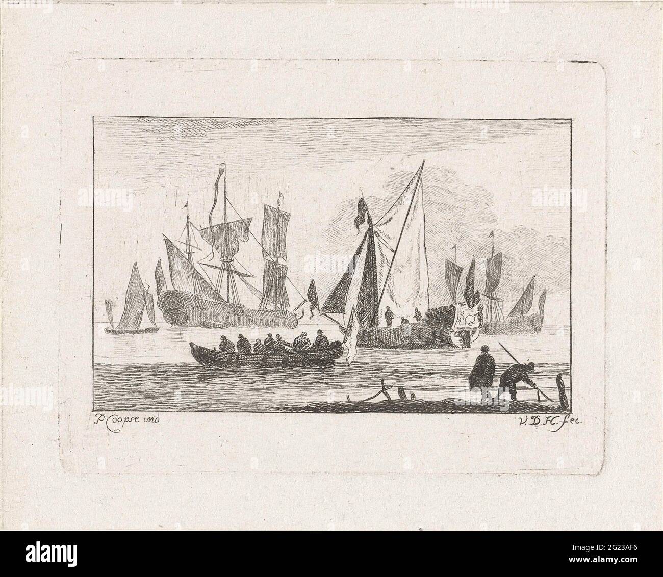 Sailing ships and a rowing boat. Many sailing ships on the water and ...