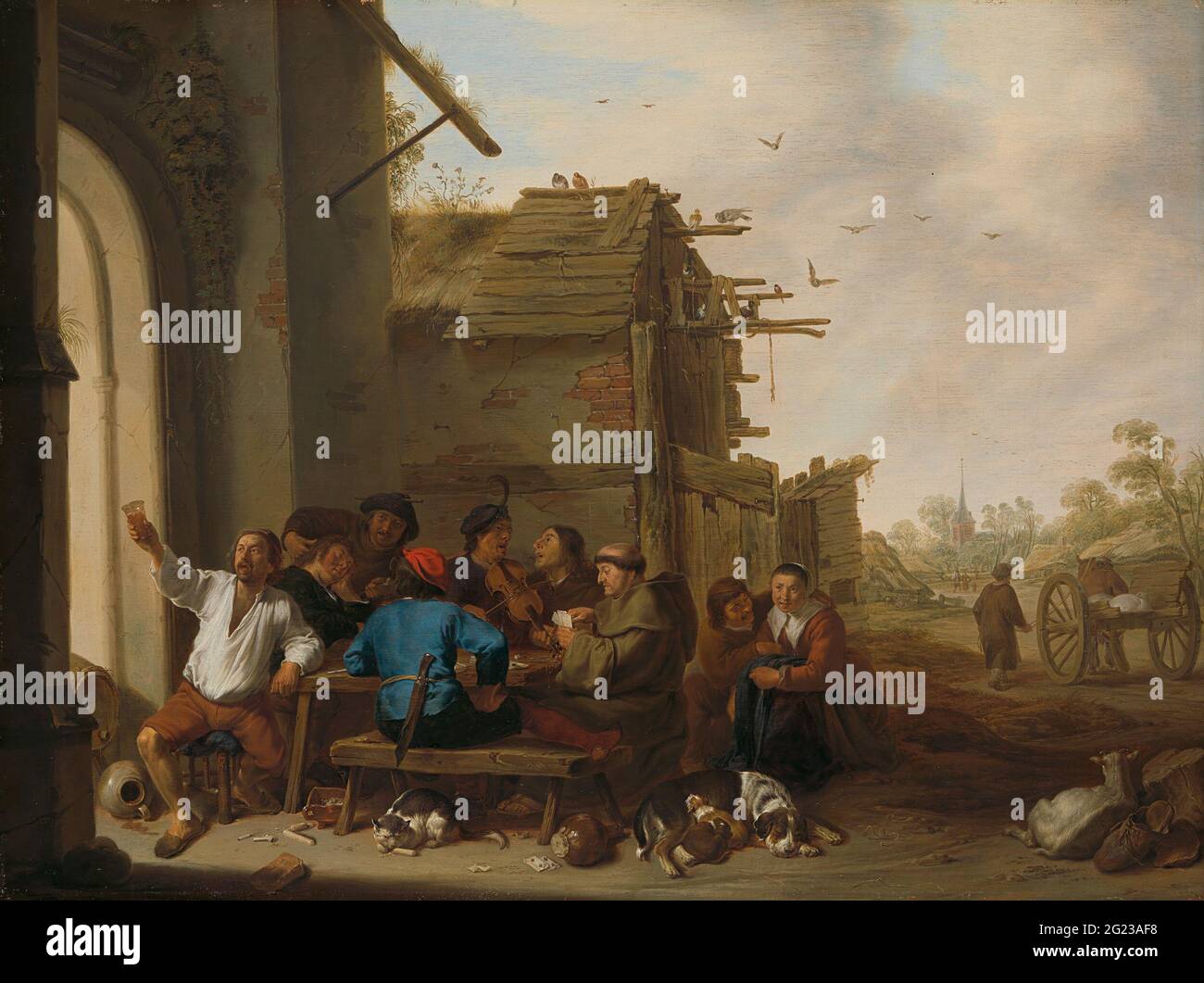 Figures before a Village Inn. A storm is brewing. The man at the left ...