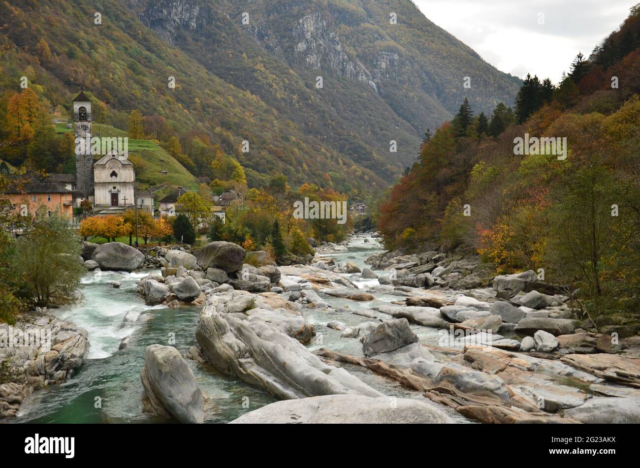 Village Town near Maggia river at Swiss Alps Valley, Ticino Valle ...
