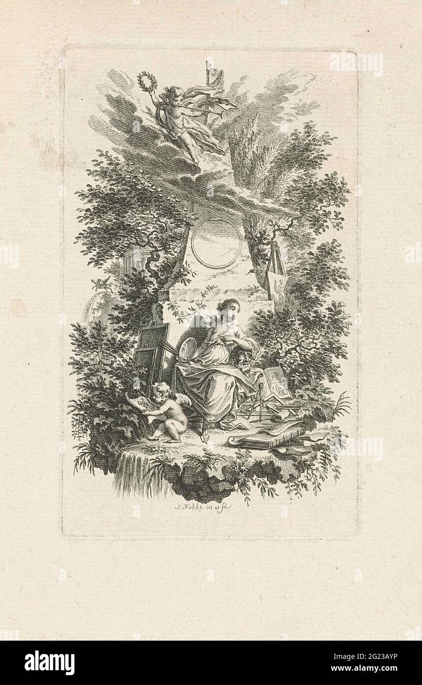 Allegory on painting. At the foot of a remuneration there is a woman ...
