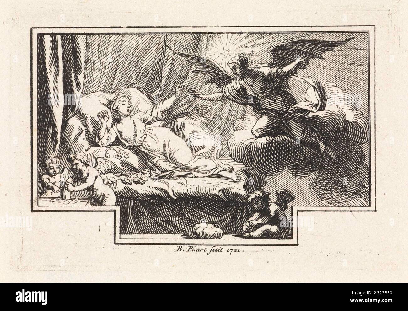 Night visits a sleeping woman. Personification night, a winged woman ...