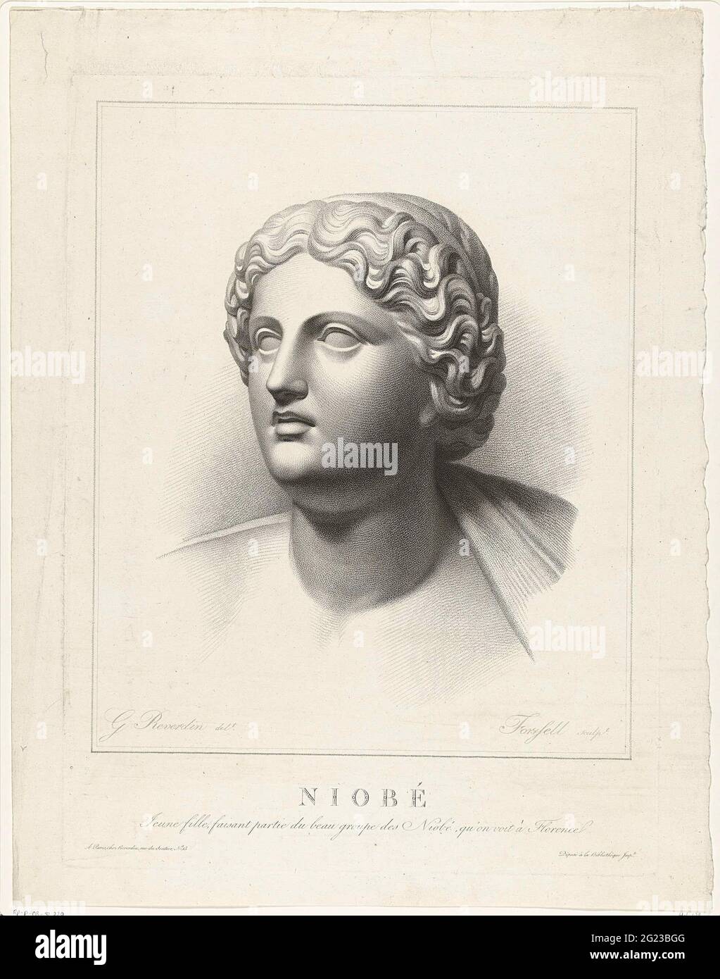 Niobe; Niobé. Sculpted head of Niobe. There is a line of text in French ...