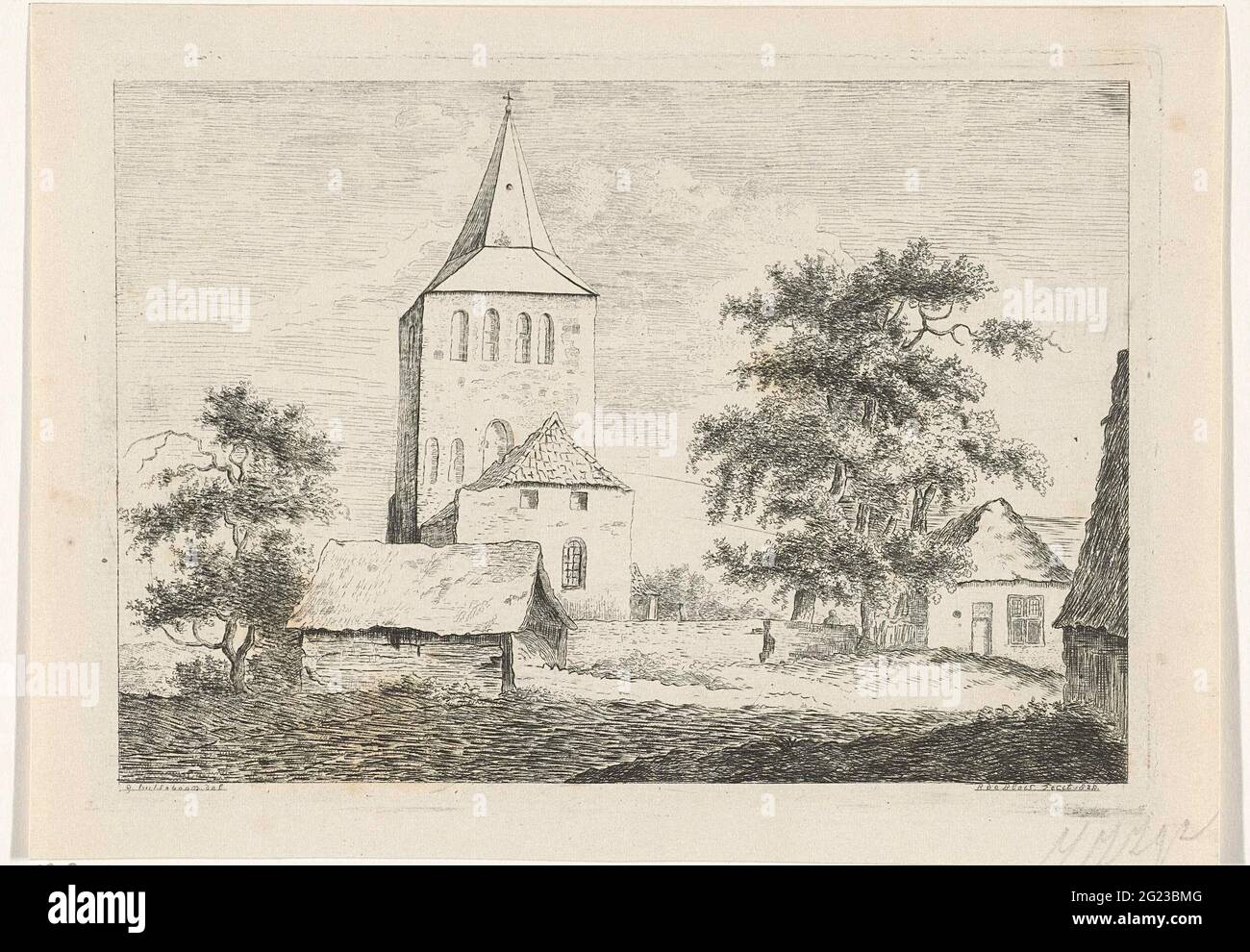 Church tower. Church with a square church tower. On either side a tree ...