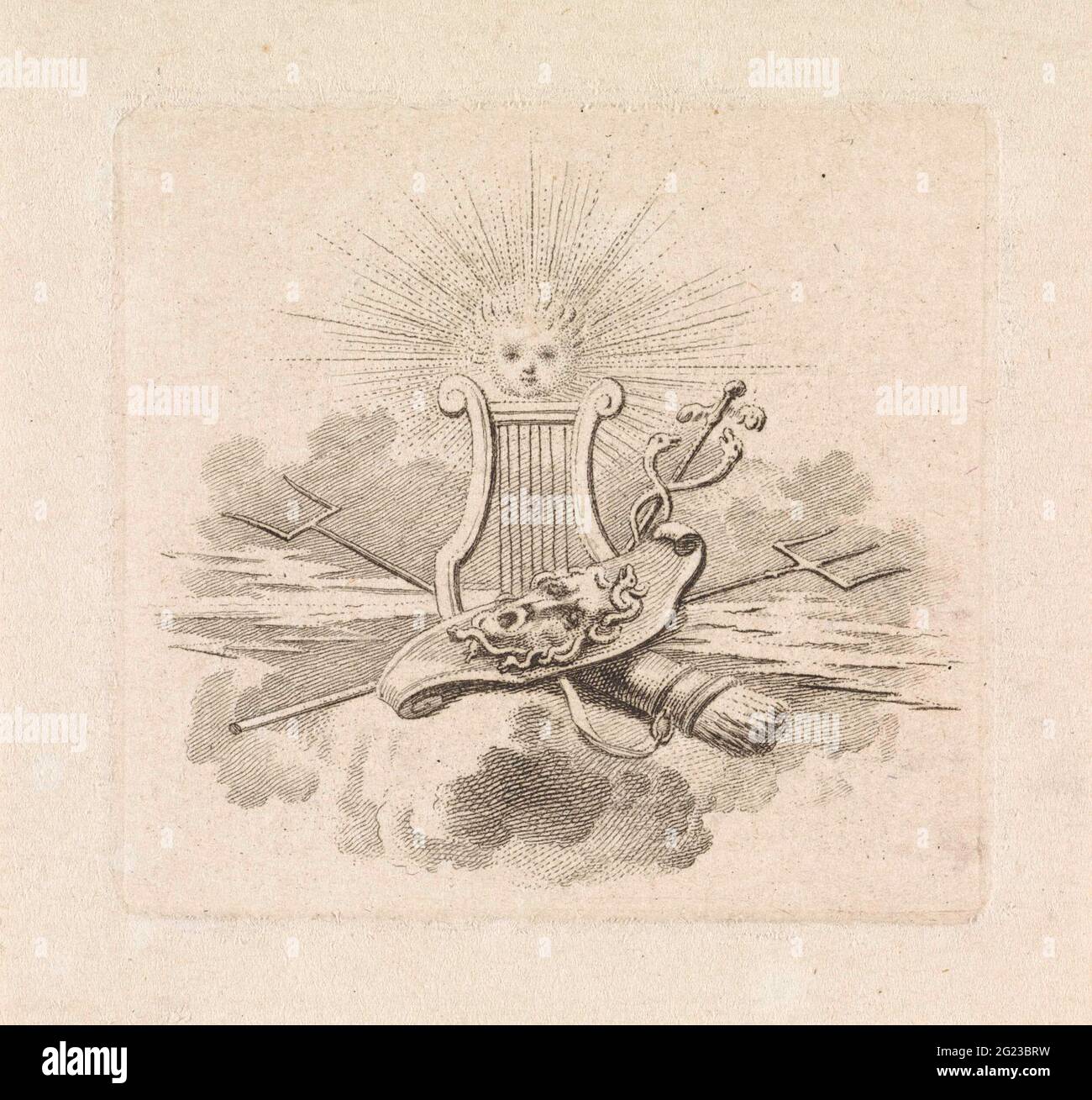 Allegory with a winch, a shield with the head of Medusa, the Mercury ...