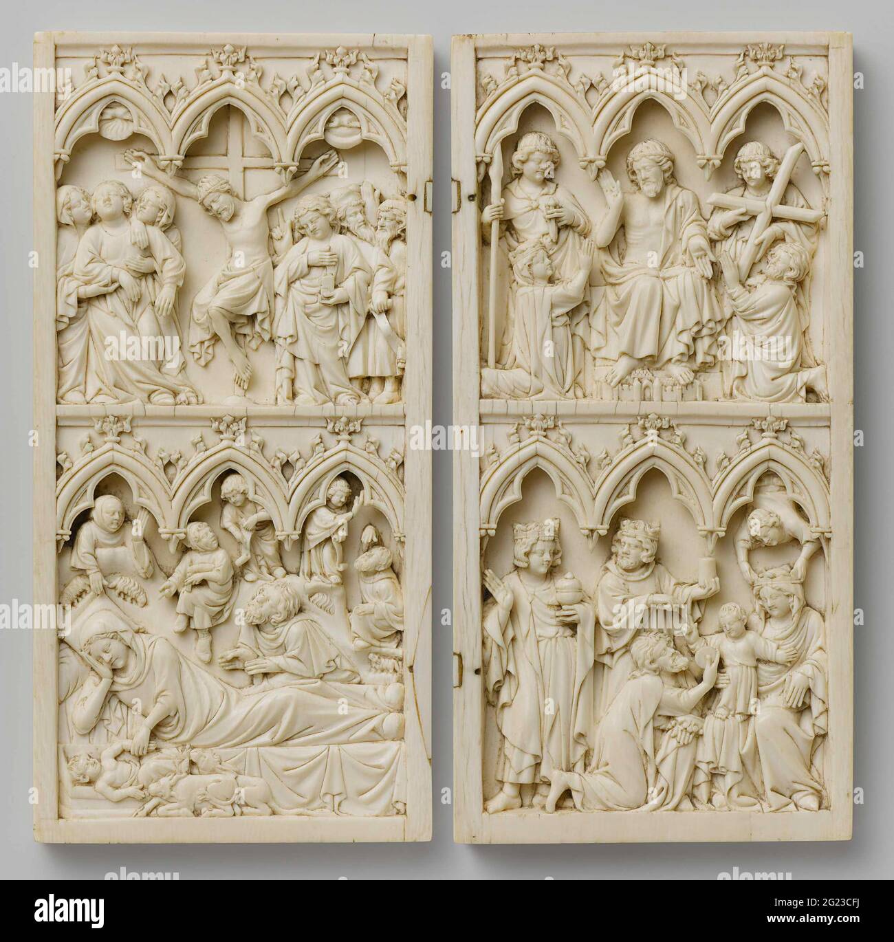 Diptych with the Story of Salvation. This deeply carved diptych depicts four scenes associated ...