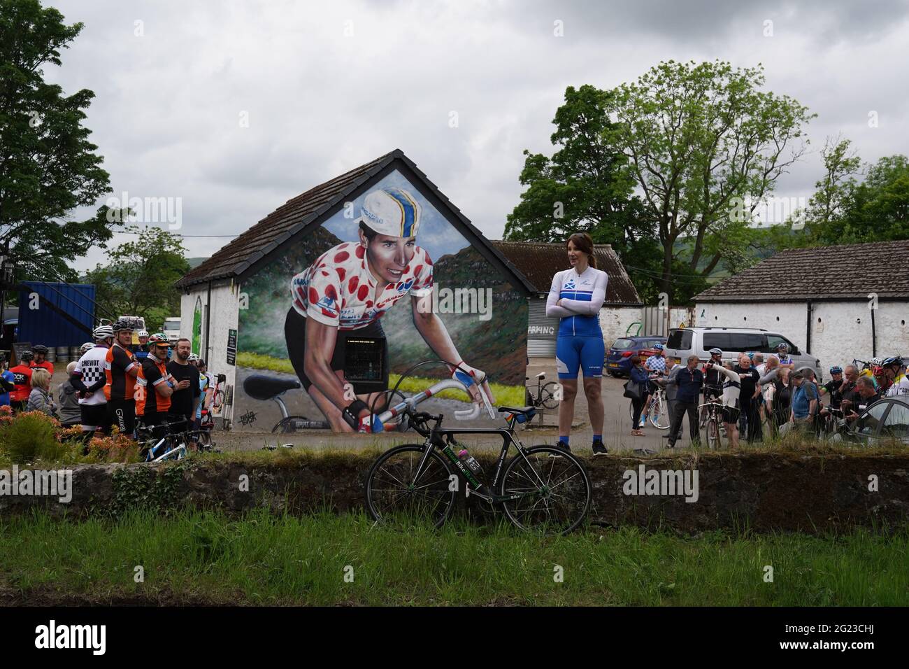 Philippa York in front of a mural of cyclist Robert Millar, on the ...