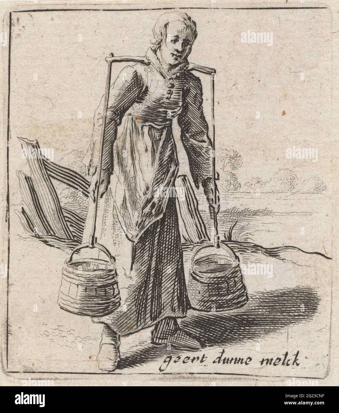 Woman with a yoke with buckets; Geert Dunne Melck; Genre scenes. A ...