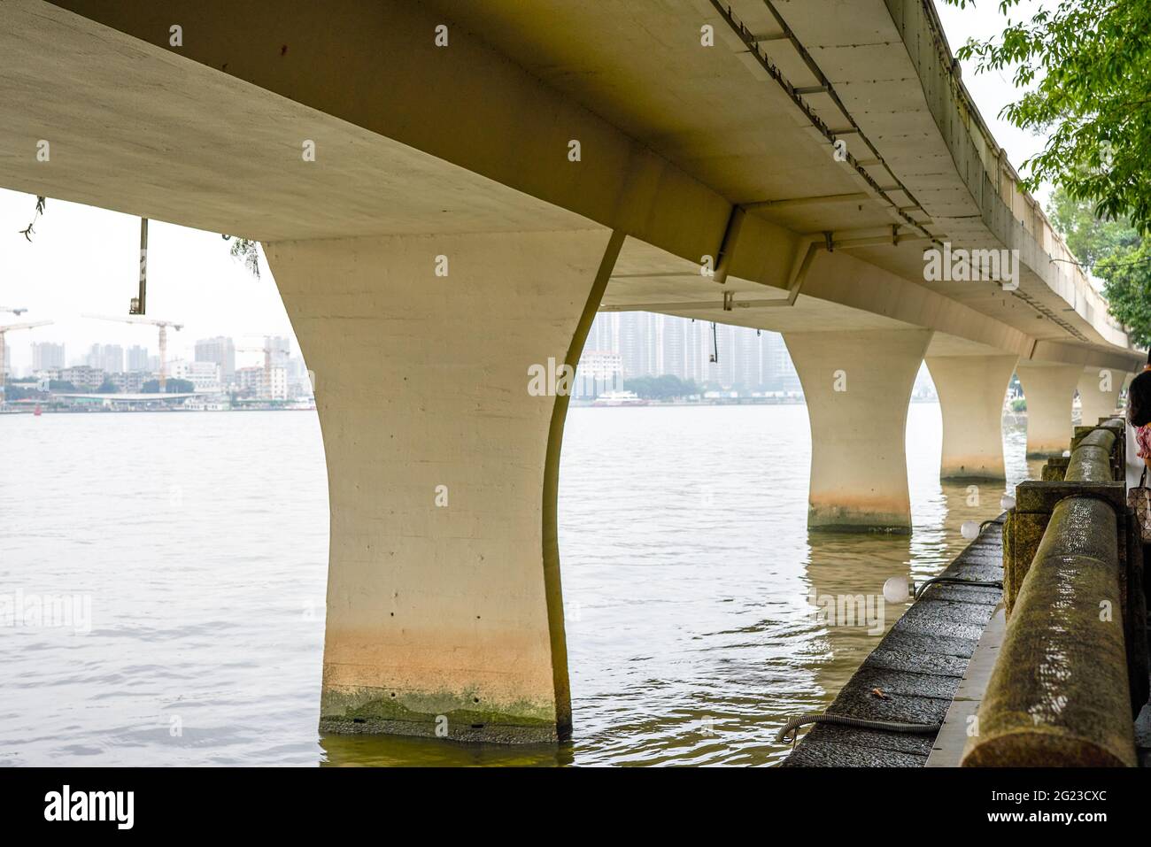 Close-up of the piers of the urban viaduct crossing the river Stock ...