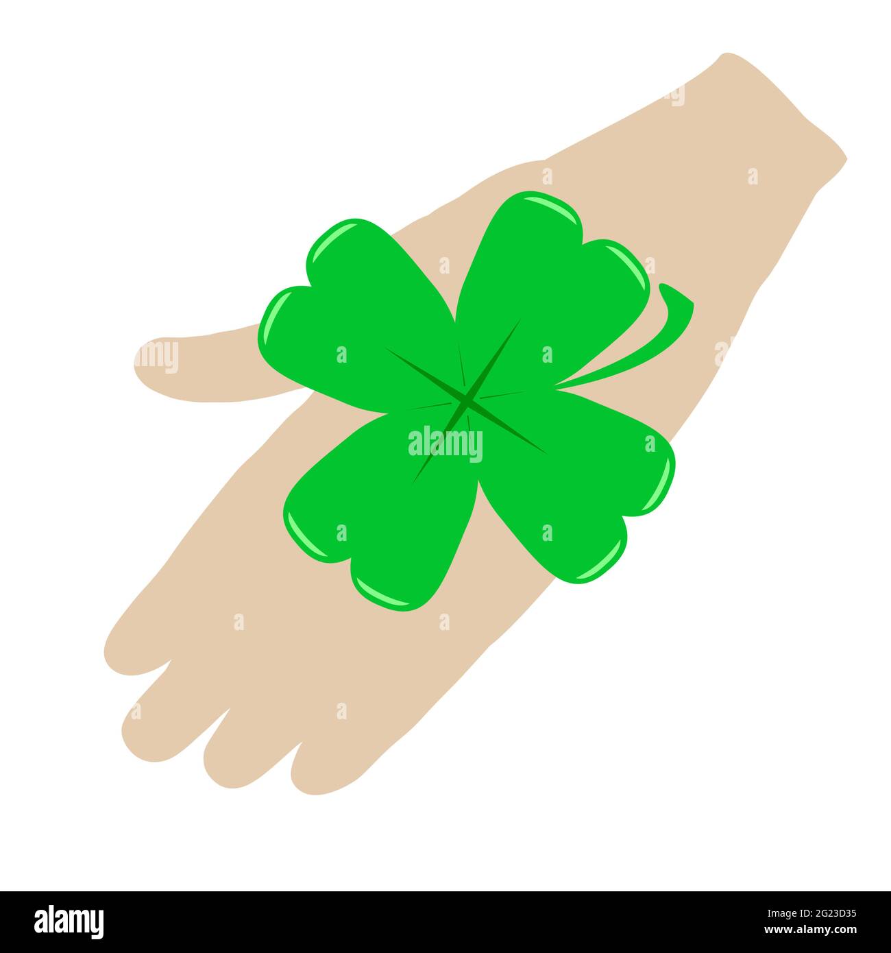 Symbol of happiness. Green clovers on the palm. Isolated on white ...