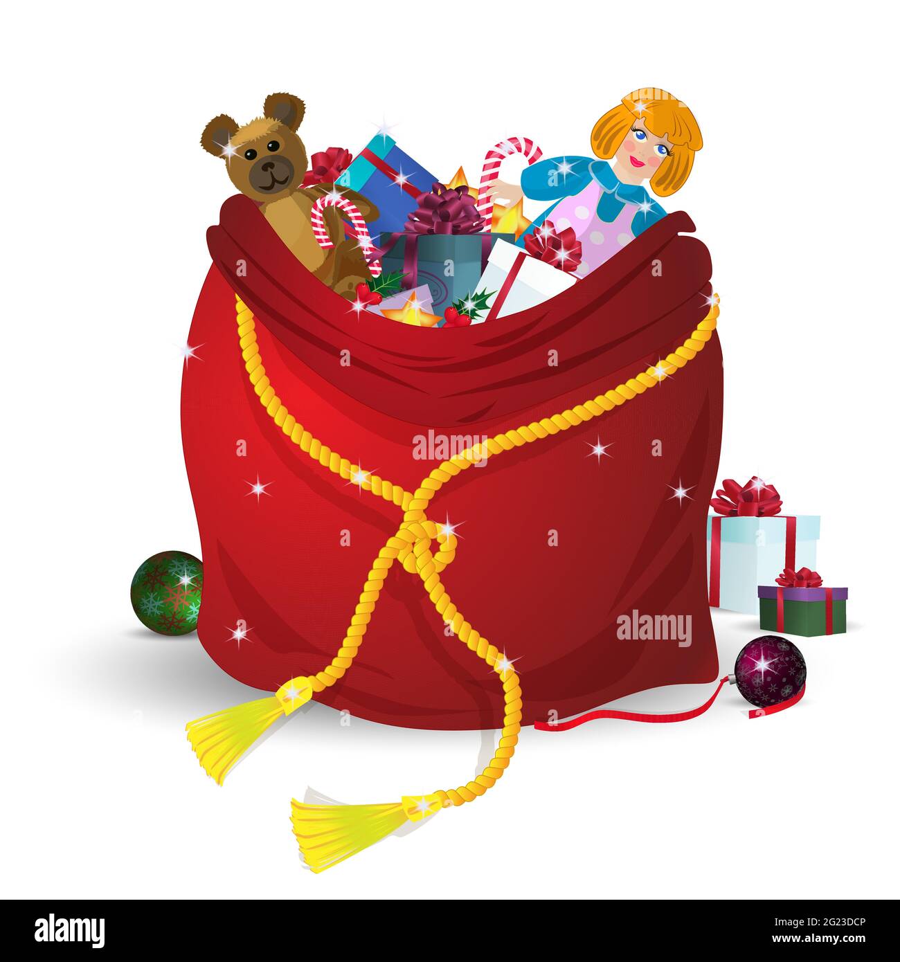 Santa's bag of Christmas gifts with Teddy bear, doll, lollipops and ...
