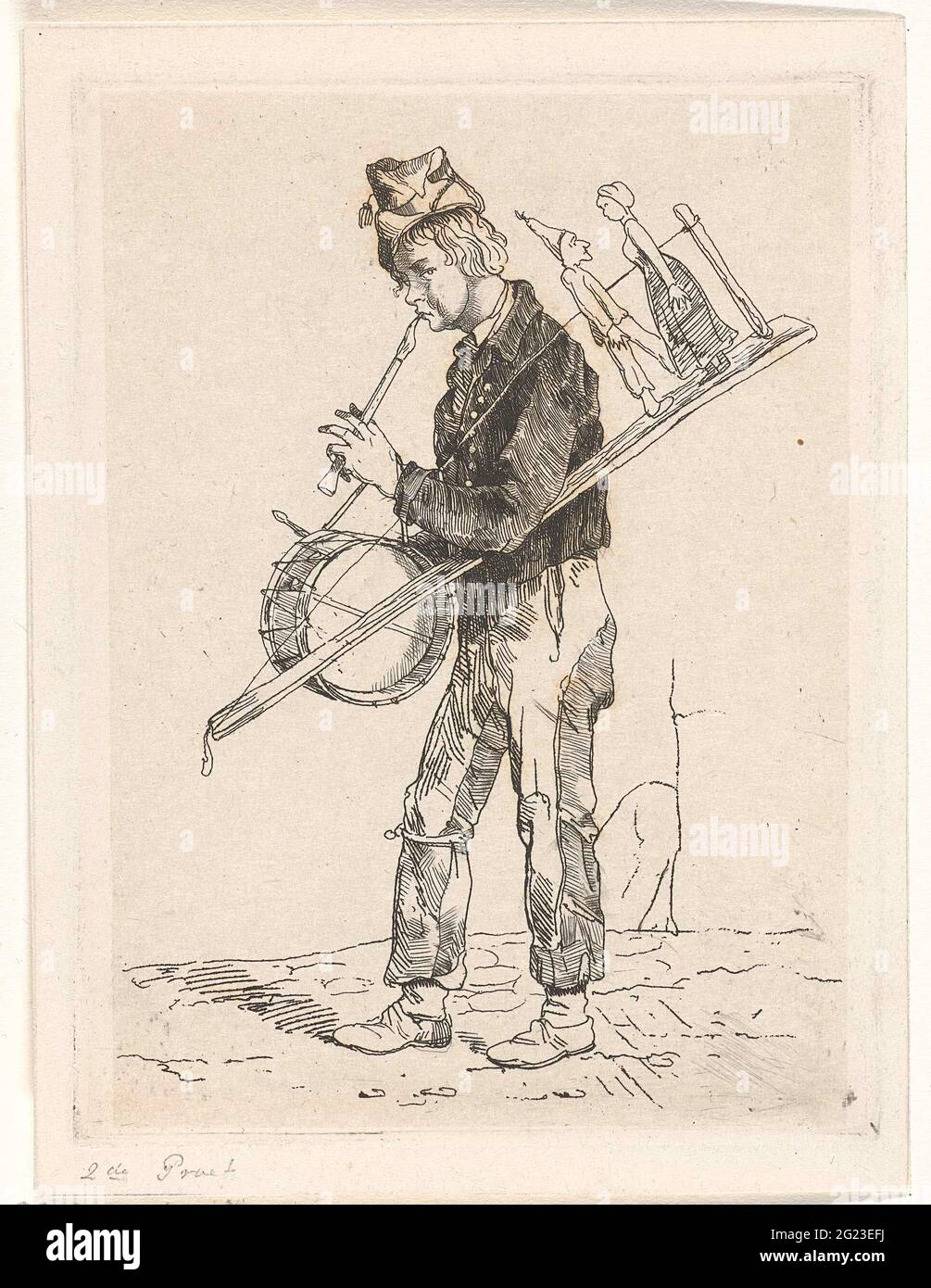 One-man orchestra. A street musician plays flute and has a construction ...