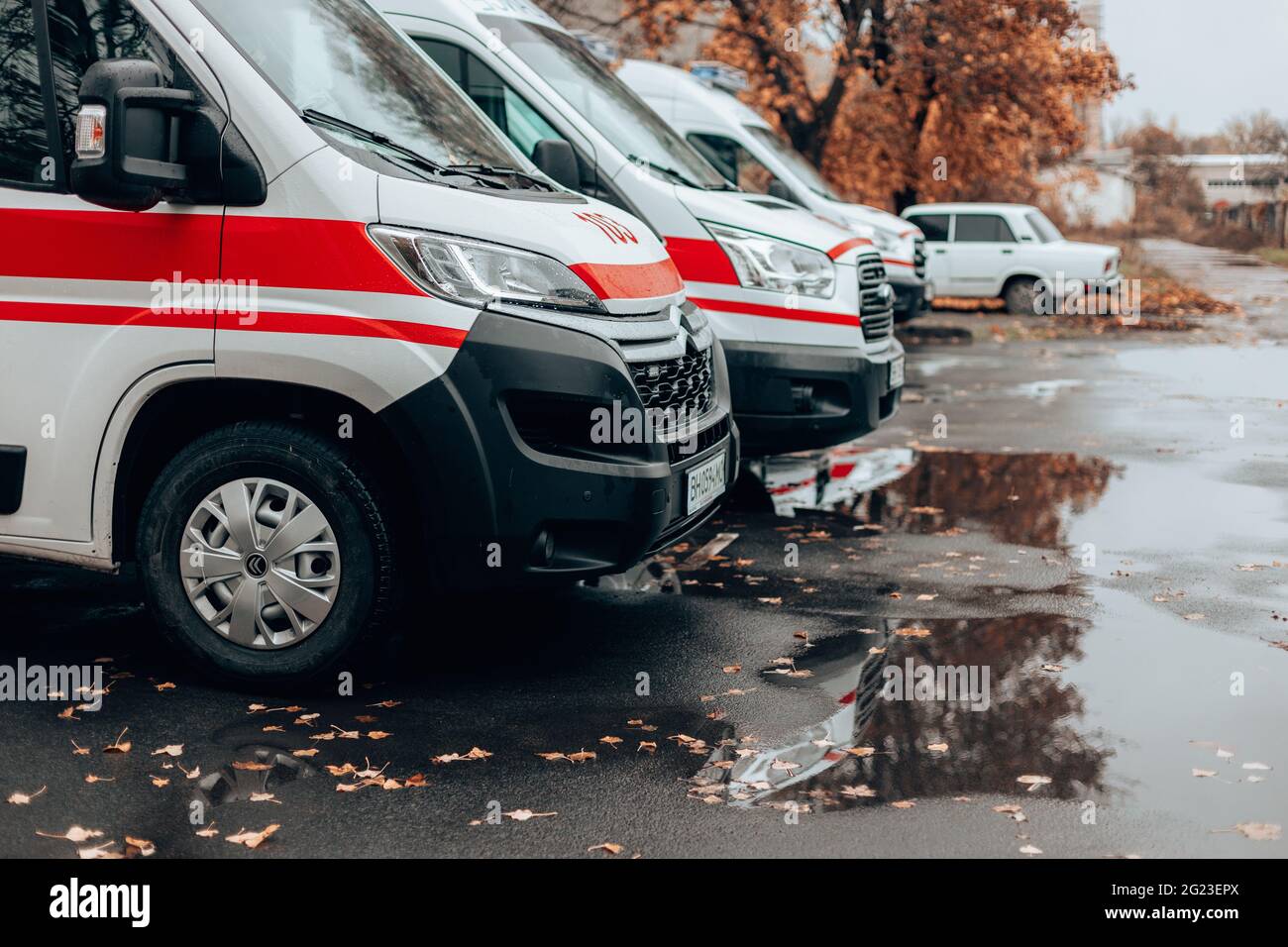 Emergency car, red and white ambulance medical service vehicle on a ...