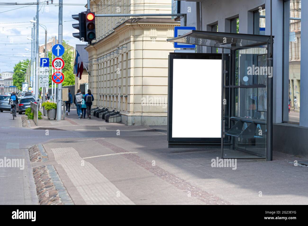 bus stop with an empty poster mock-up, template of an advertising ...