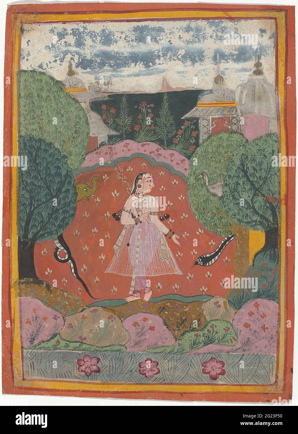 Asavari Ragini (?). A woman in a landscape, around her snakes and birds ...
