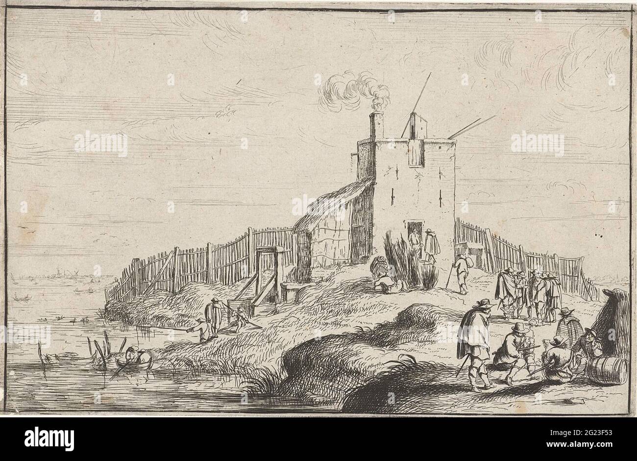 Small fort on a river. Many figures on a riverside at a small fort with ...