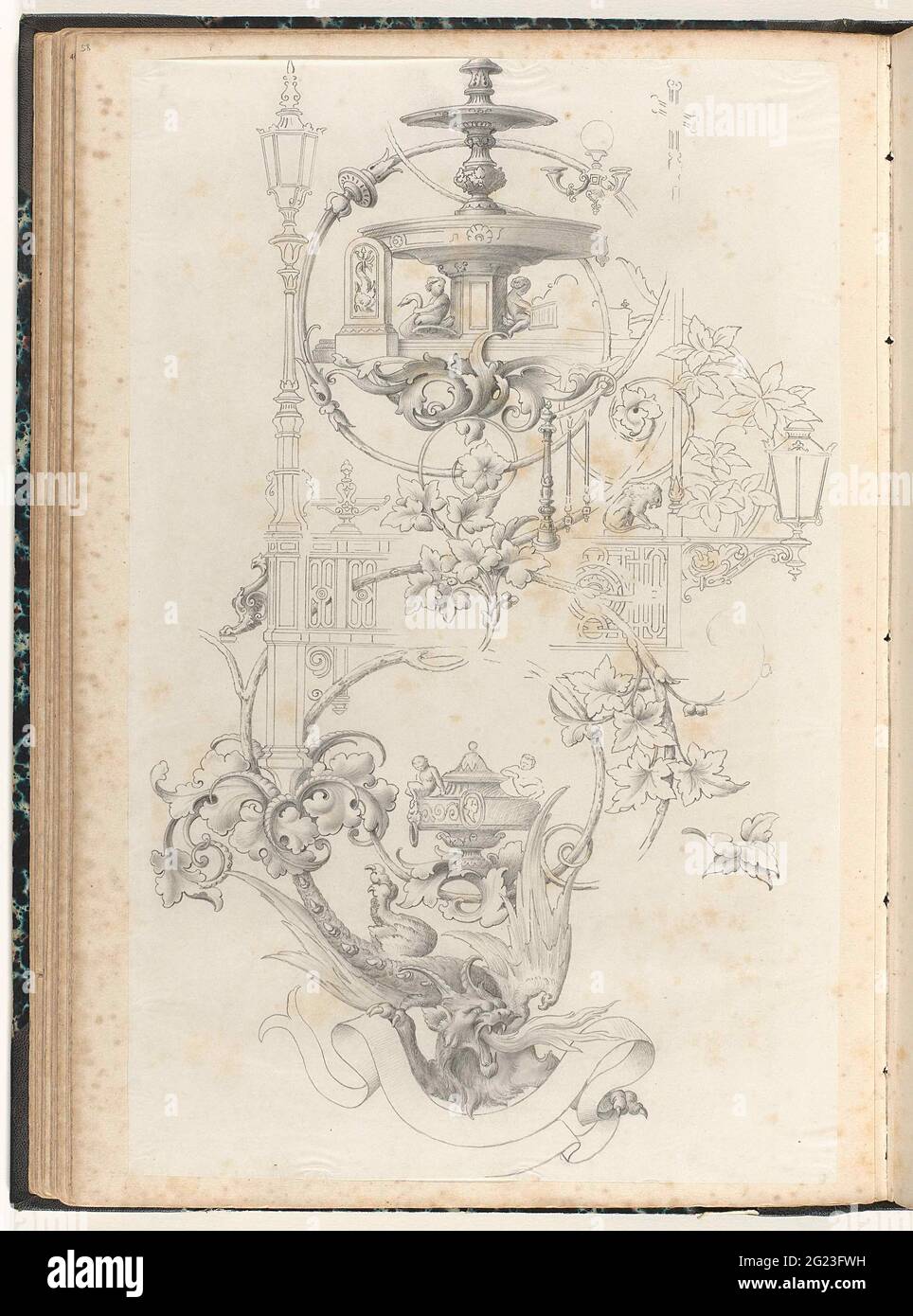 Architectural elements between leaf raft. Bottom flies a dragon with a ...