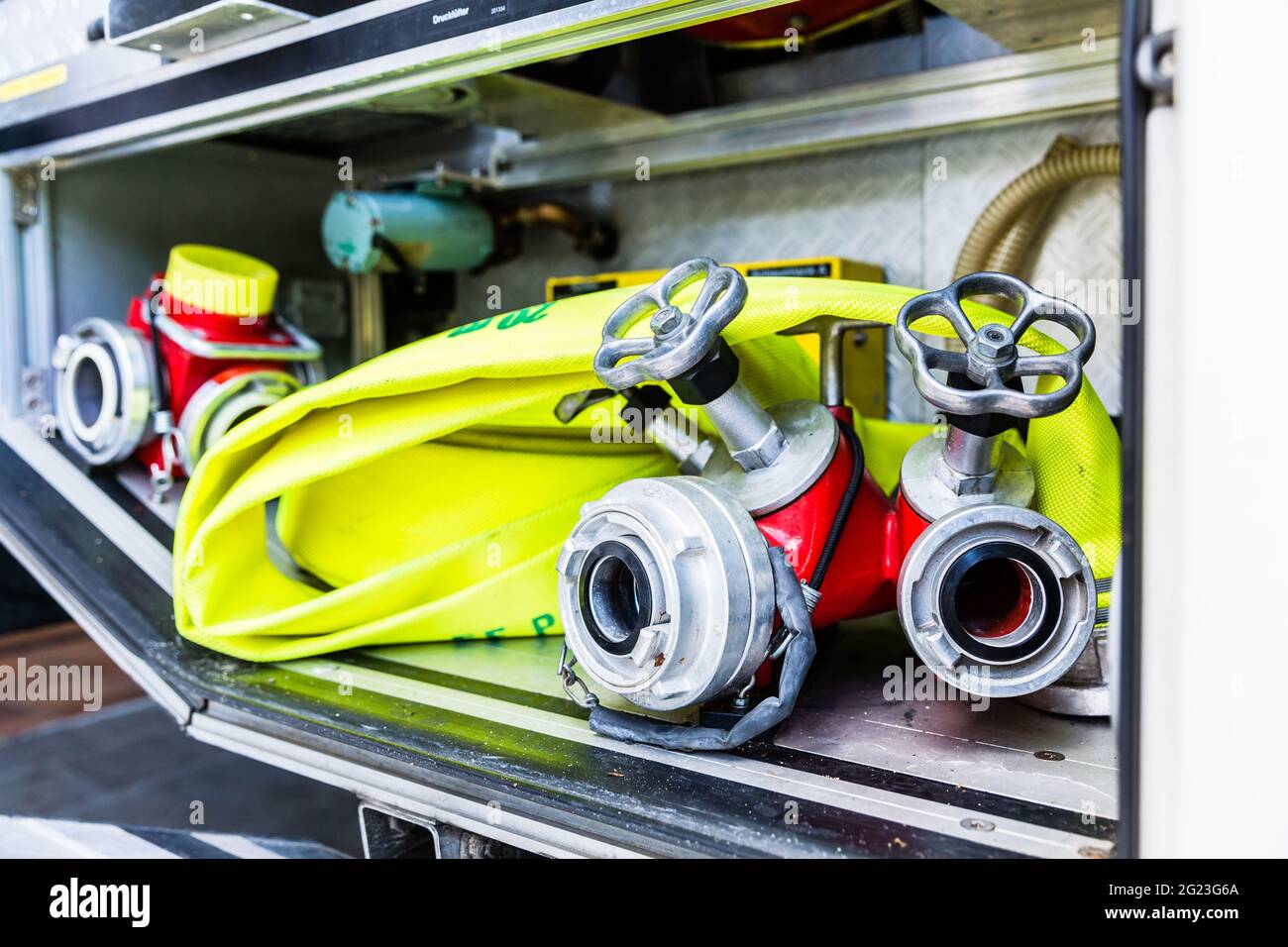 Fire hoses and connections in truck of fire brigade Stock Photo - Alamy