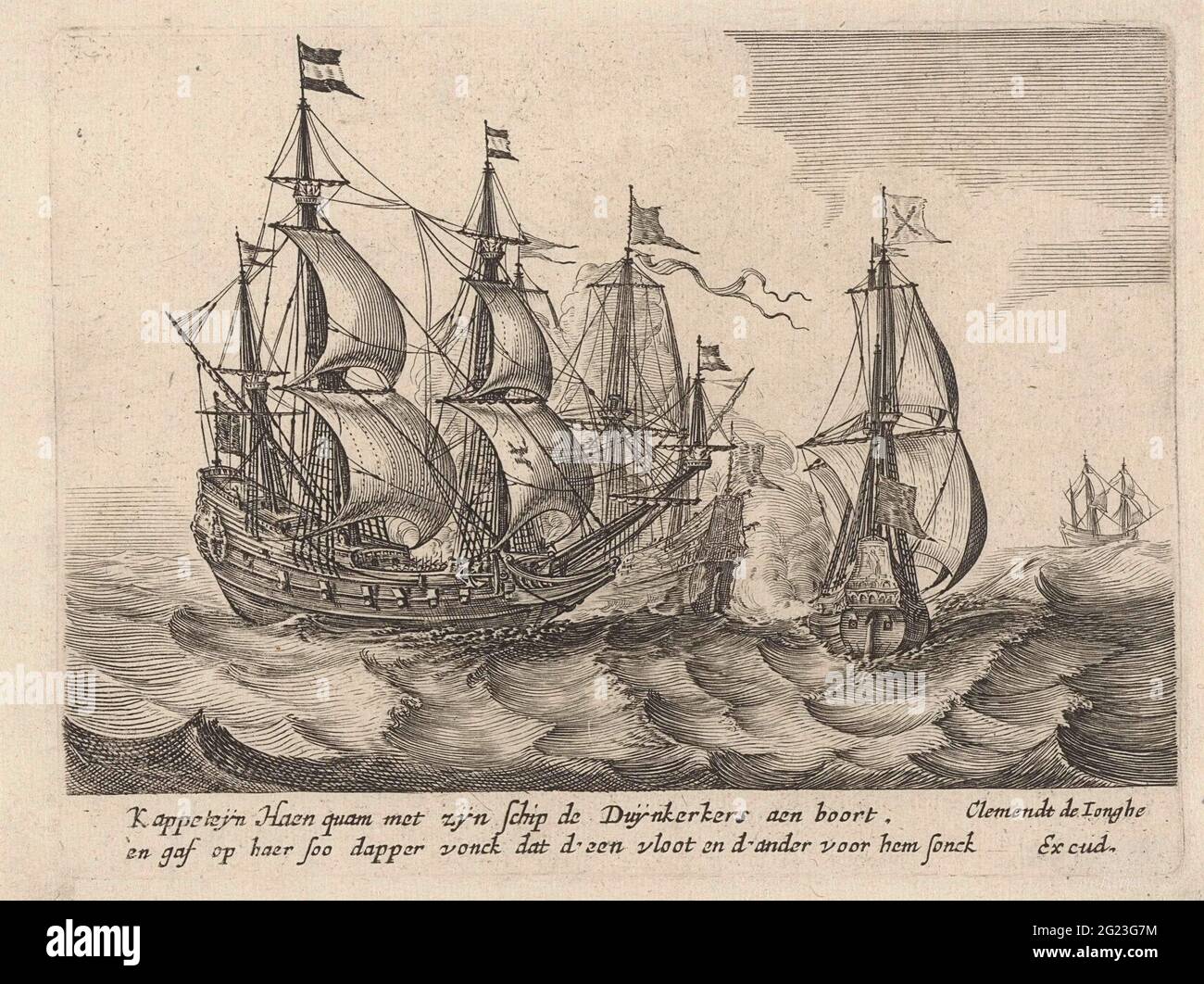 Sea battle between three sailing ships; Sailing ships. With two-legged ...