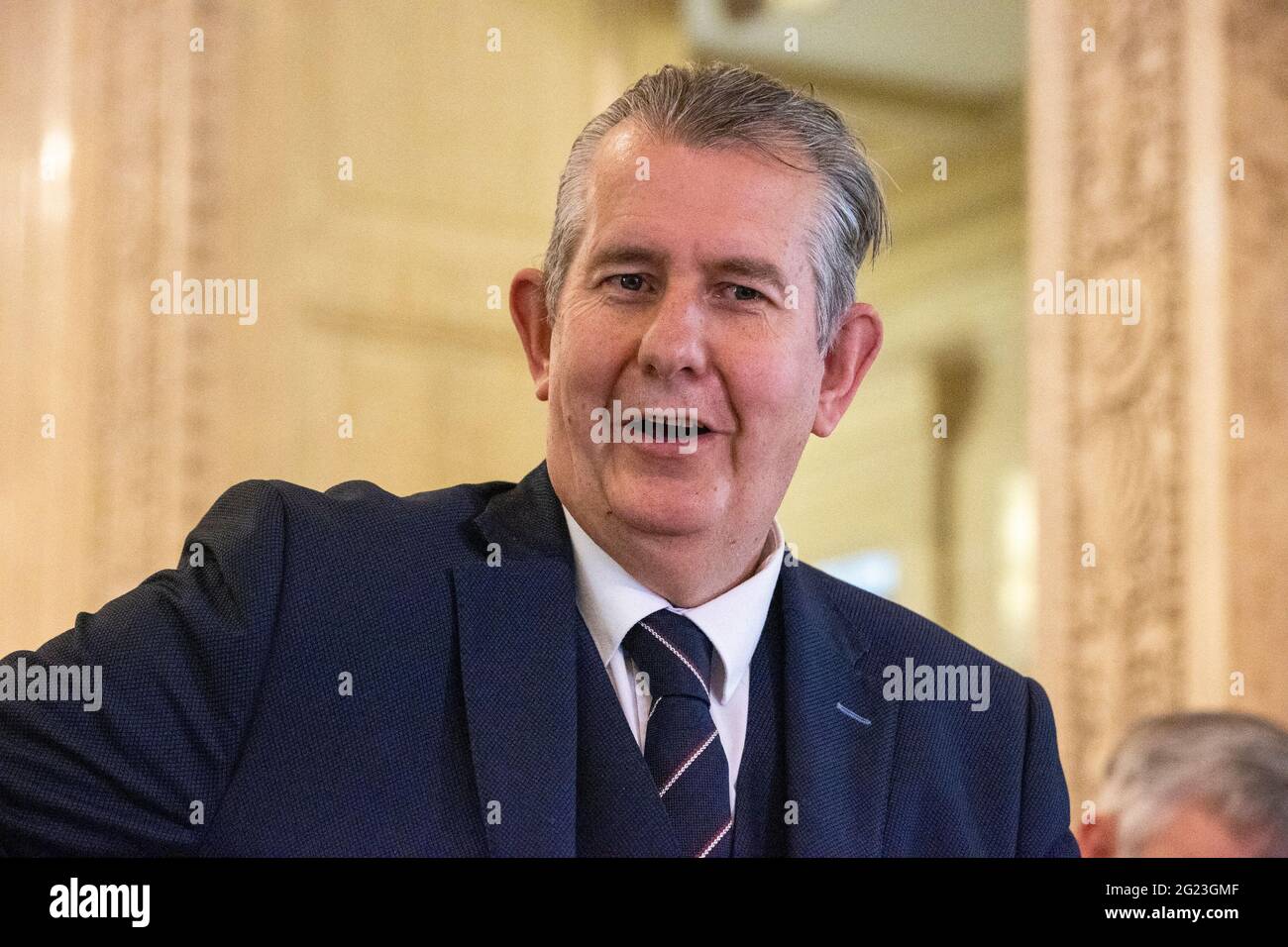 Leader of the DUP Edwin Poots at Stormont to announce his first ...
