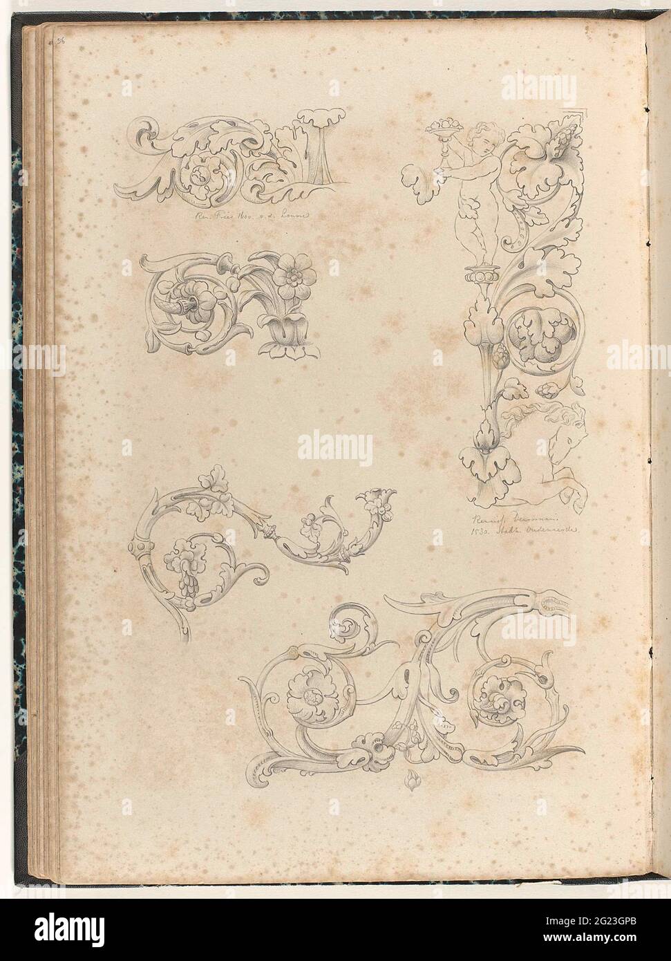 Five ornaments with leaf raft. At the top right is a child on a ...