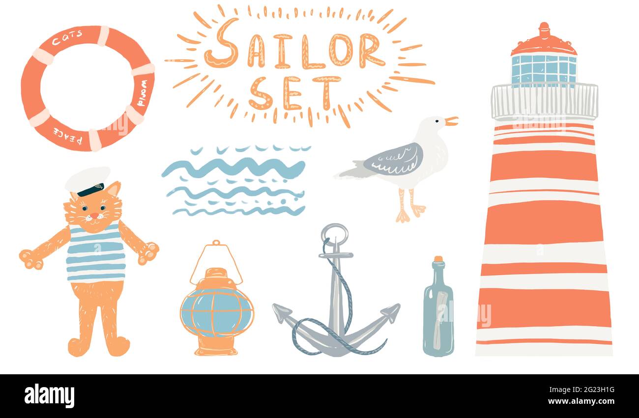 Funny and cartoon nautical elements with lettering. Isolated objects on ...