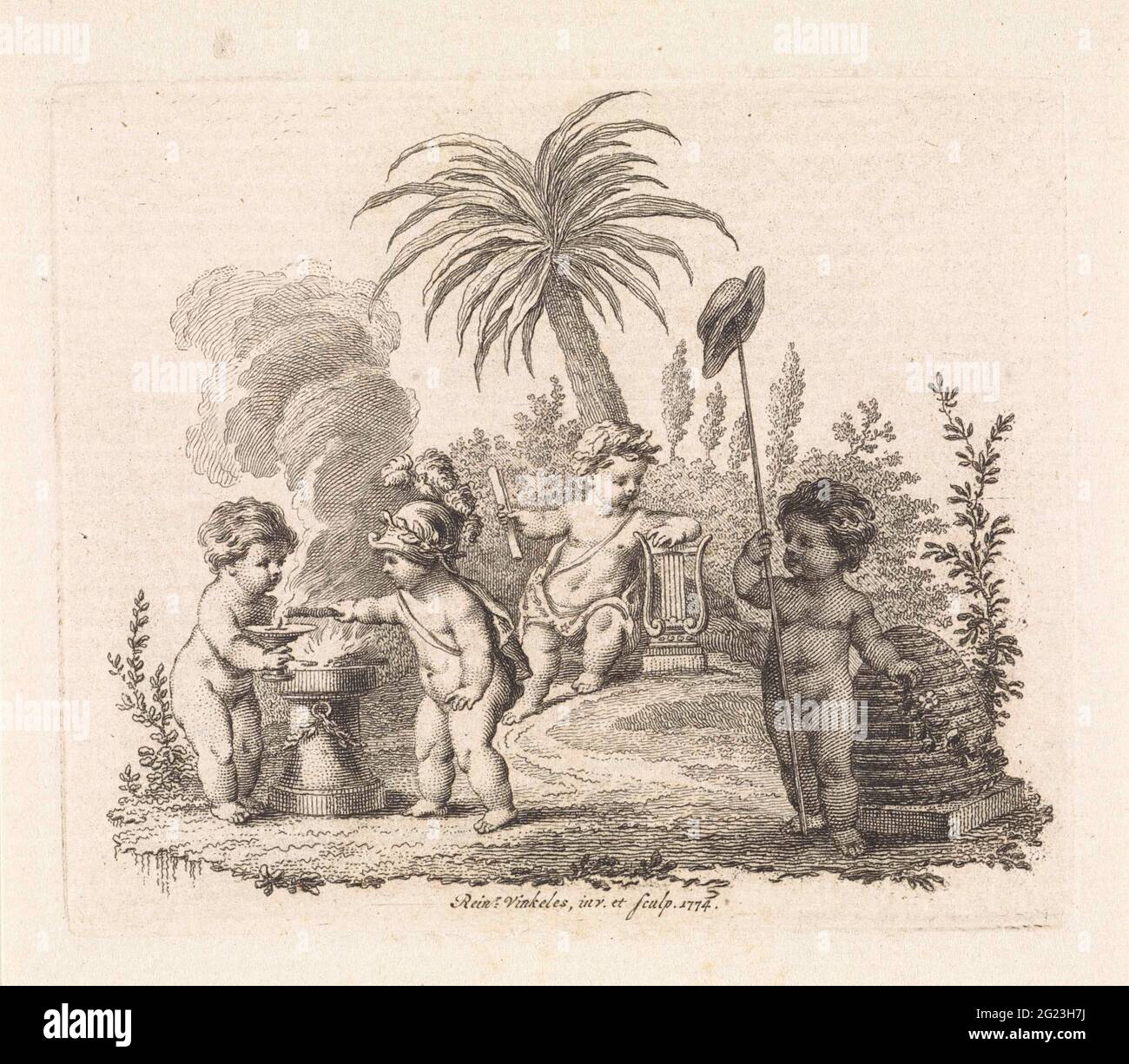 Four putti with allegorical attributes. Landscape with putti with ...