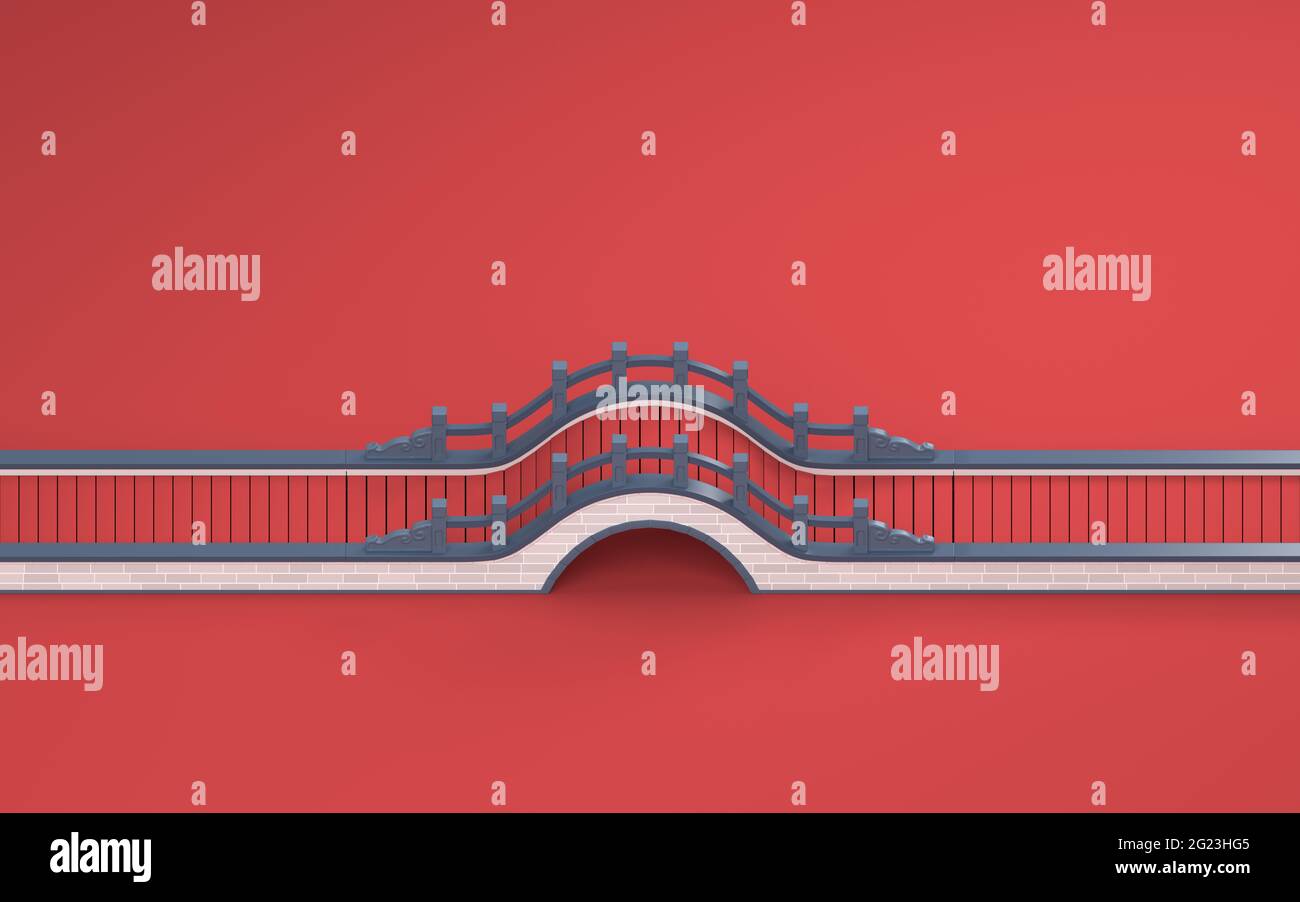 Chinese style bridge with red background, 3d rendering, Computer ...