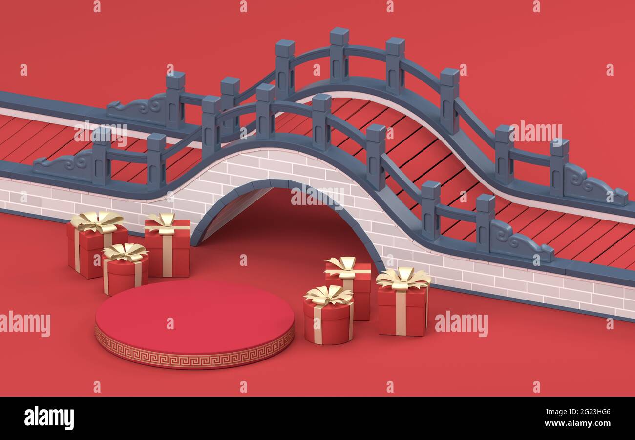 Chinese style bridge with red background, 3d rendering, Computer ...