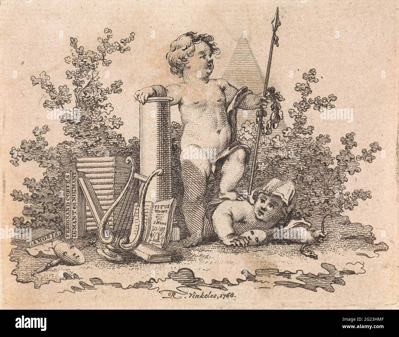 Two putti with allegorical attributes. A putto with spear and laurel ...