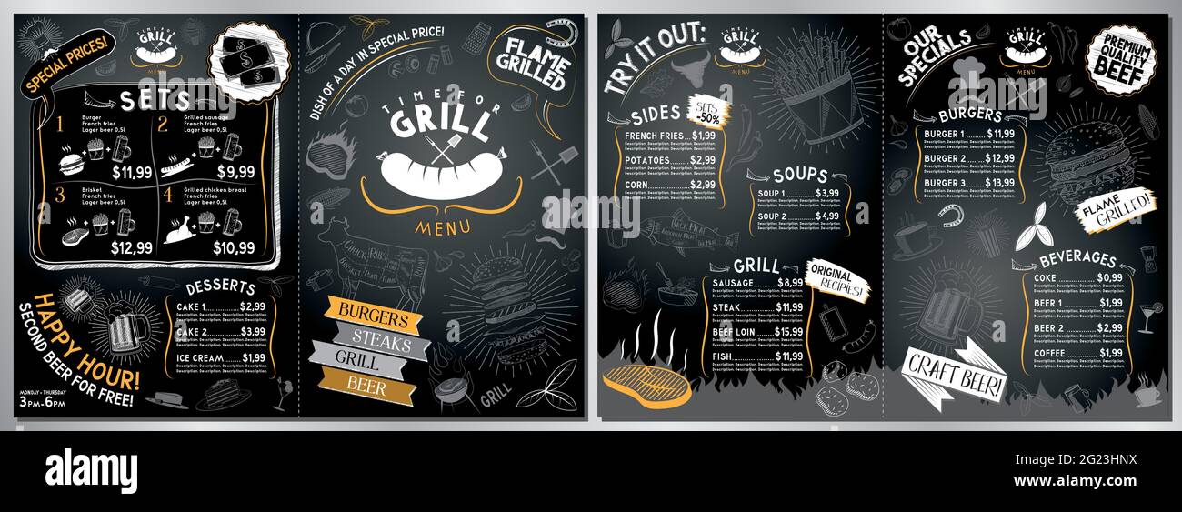 Grill, barbecue menu card - A3 to A4 size (burgers, grill, sides, soups ...