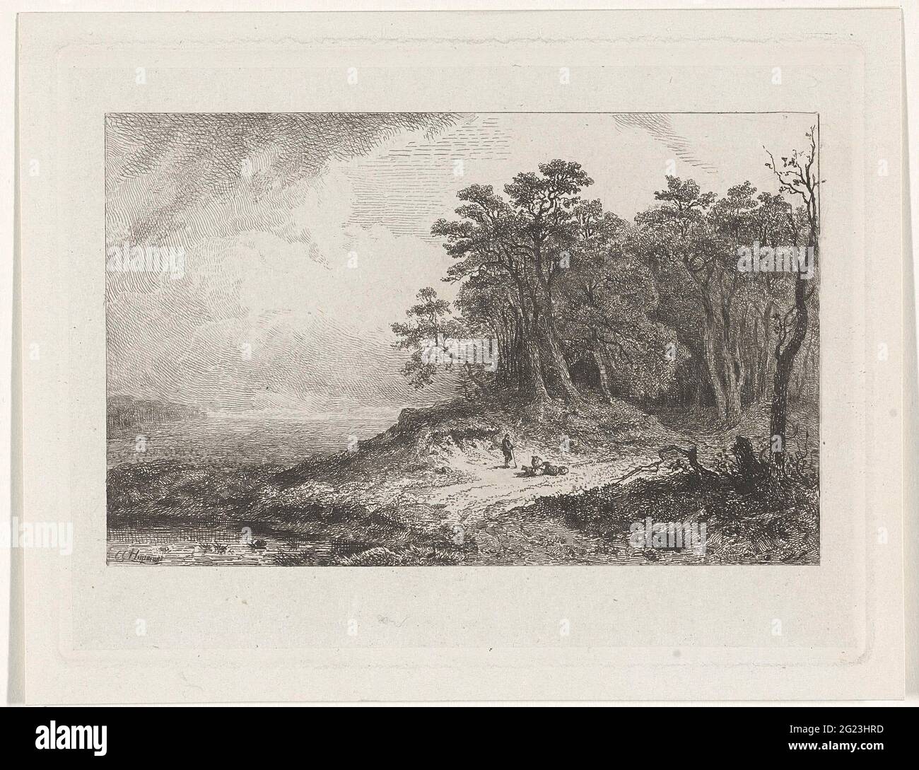 Landscape with shepherd. Wooded landscape with a shepherd with staff ...