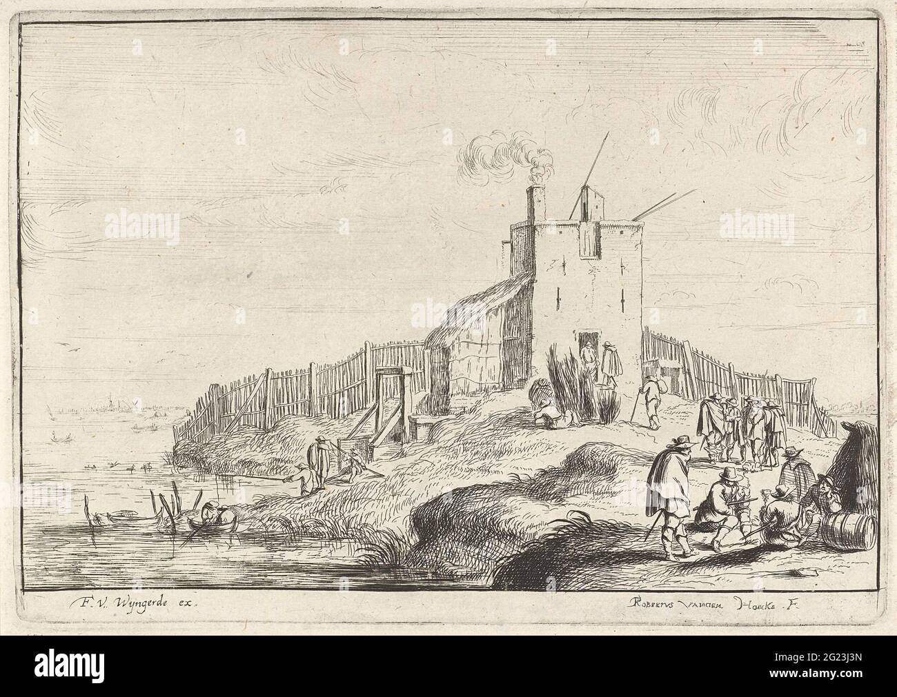 Small fort on a river. Many figures on a riverside at a small fort with ...